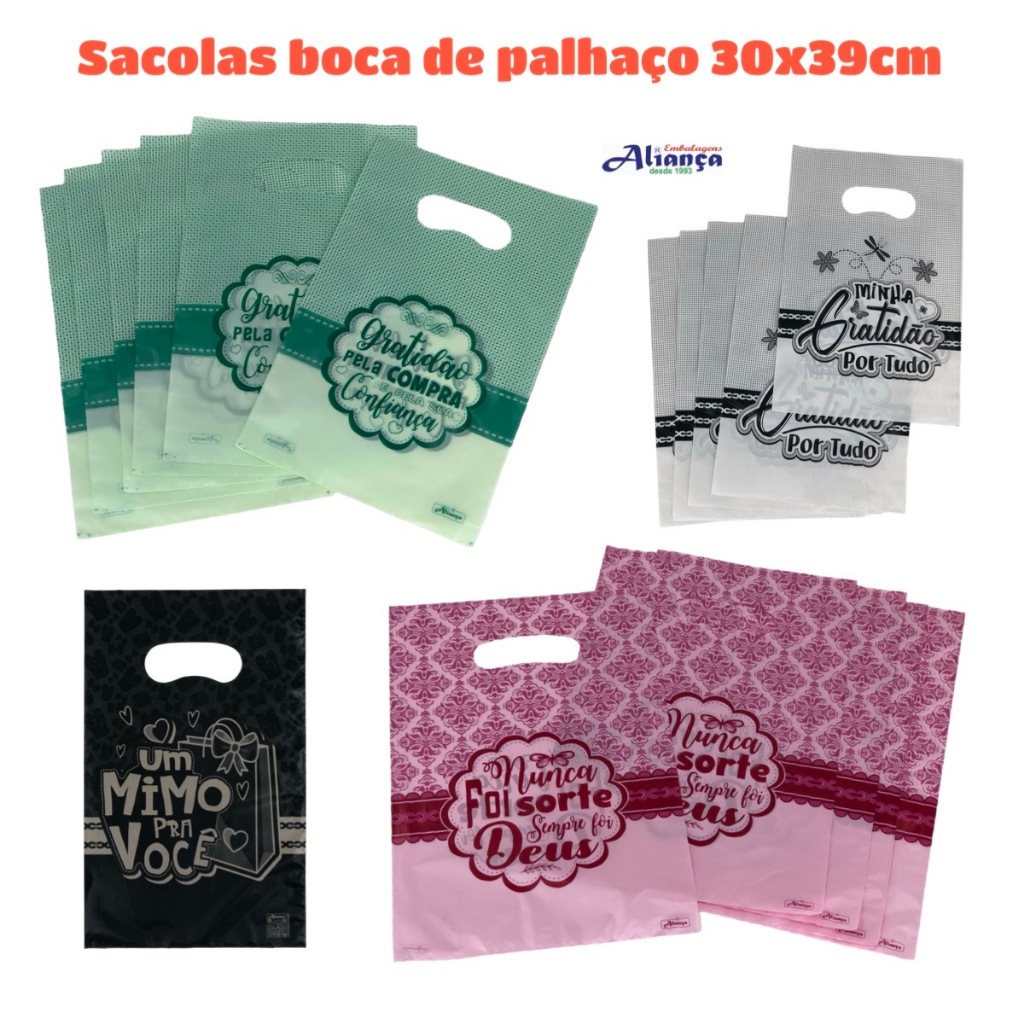 Sacolas Boca de Palhaço 30x39cm 50un com frases para lojas e embalagem ...
