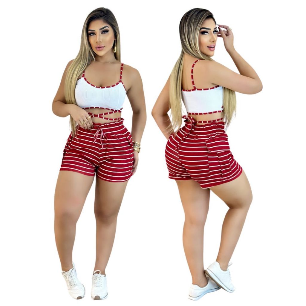Conjunto Feminino Short mais Top Linha Ouro Listrado - Vermelho ...