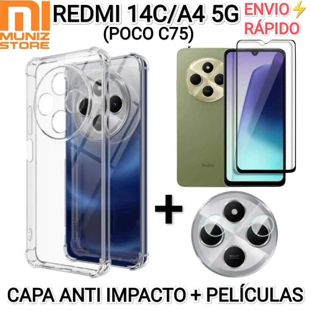 Kit Capa Redmi 14C/Poco C75/A4 5G Anti Impacto + Película 3D Vidro e Películas Câmera Cerâmica ...