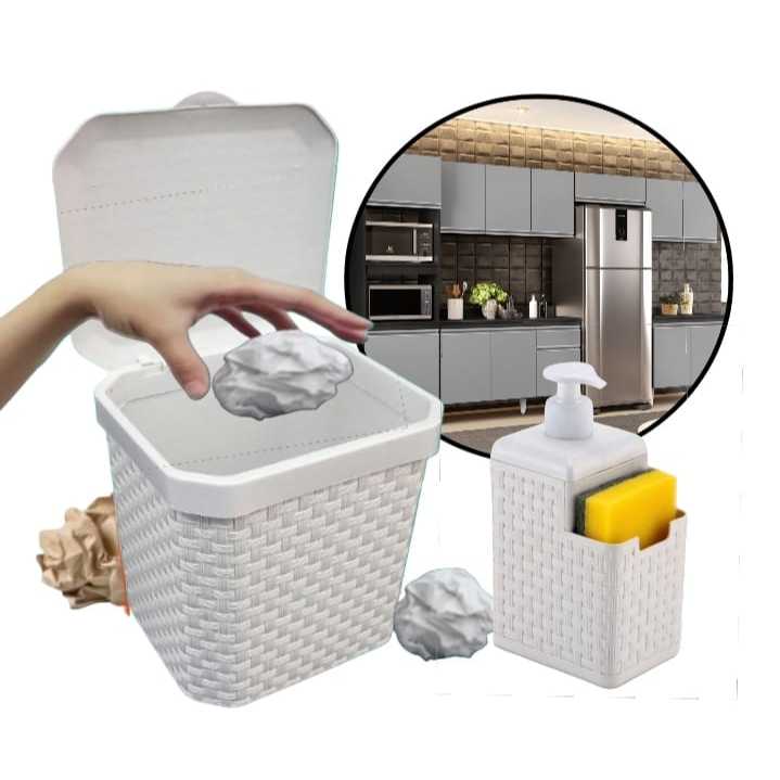 Kit Pia 3 peças Lixeira 5 litros rattan + porta detergente + Rodinho de ...