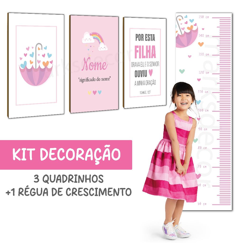 Kit Decorativo 3 Quadros + Régua de Crescimento Chuva de Amor Decoração ...