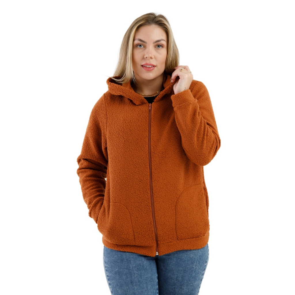 Casaco Aberto Teddy Fofinho com Bolsos e Capuz Para o Inverno Básico e ...