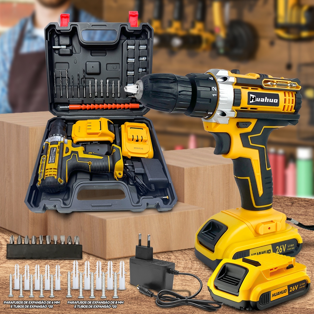 Parafusadeira Furadeira 26v 2 Baterias Com Maleta e Acessórios Completo | Shopee Brasil