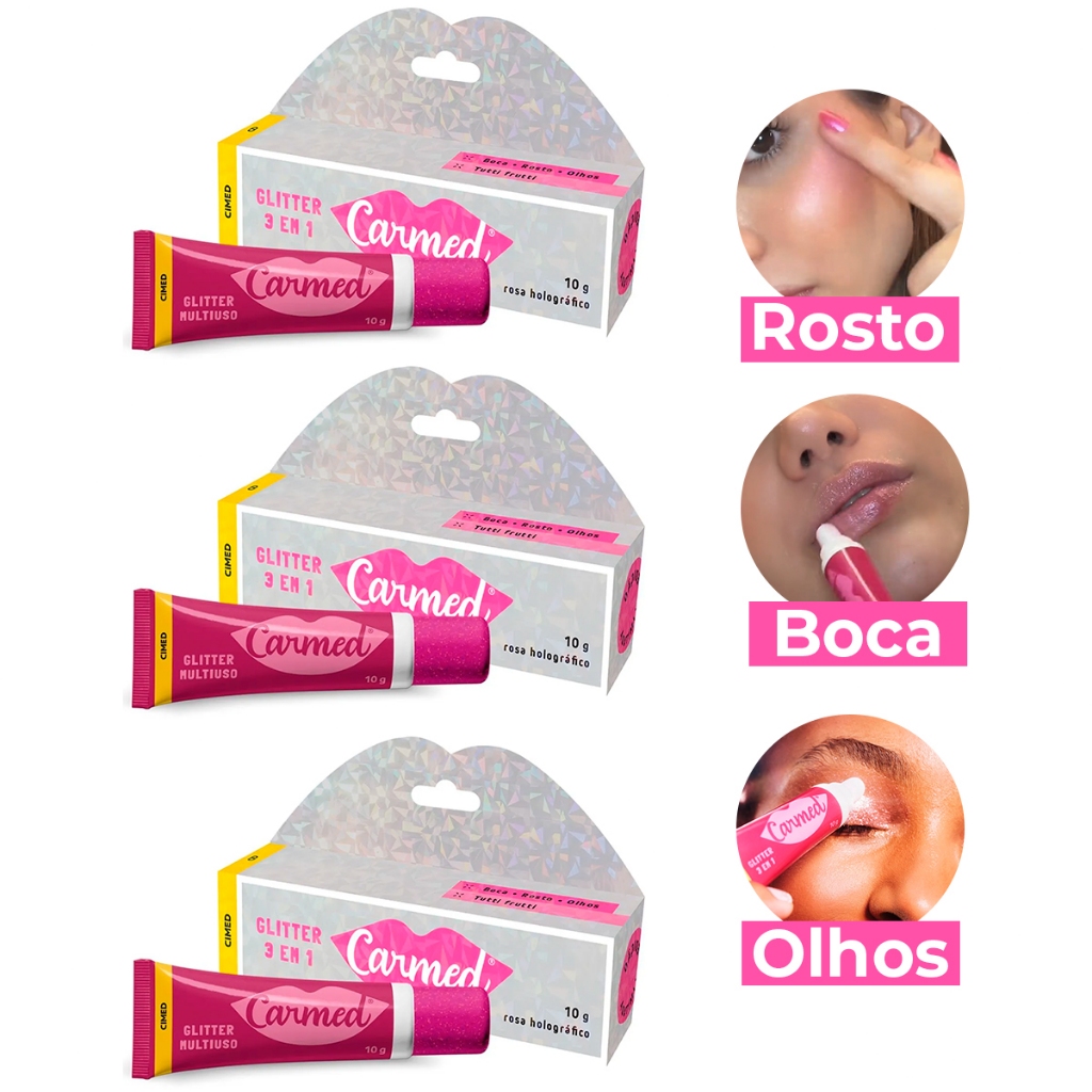 Kit 3 Carmed Glitter 3 em 1 Lip Balm Gloss Make Brilho Hidratante ...