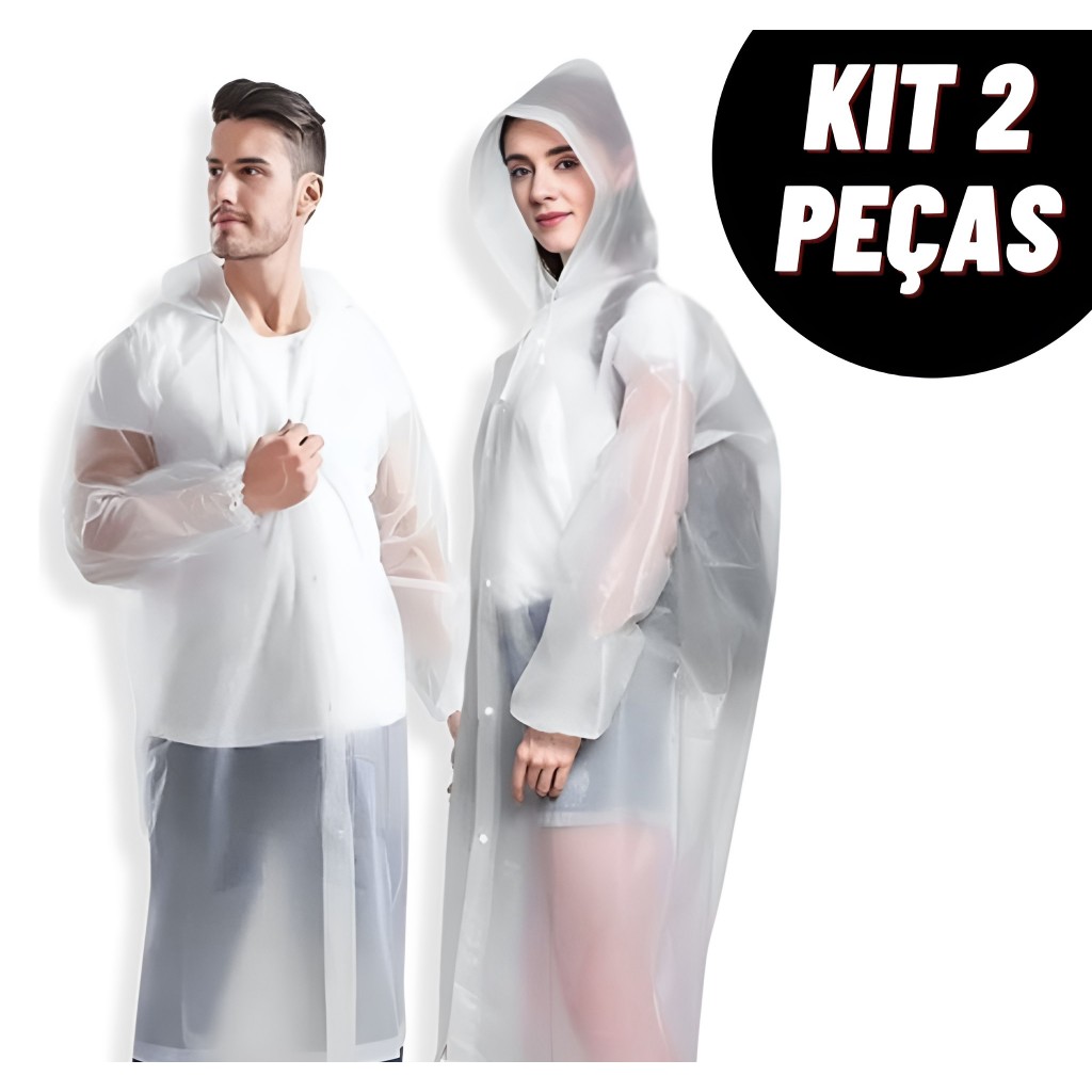 Kit Capa de Chuva e Longa com Capuz Transparente Reforçada Reutilizável ...