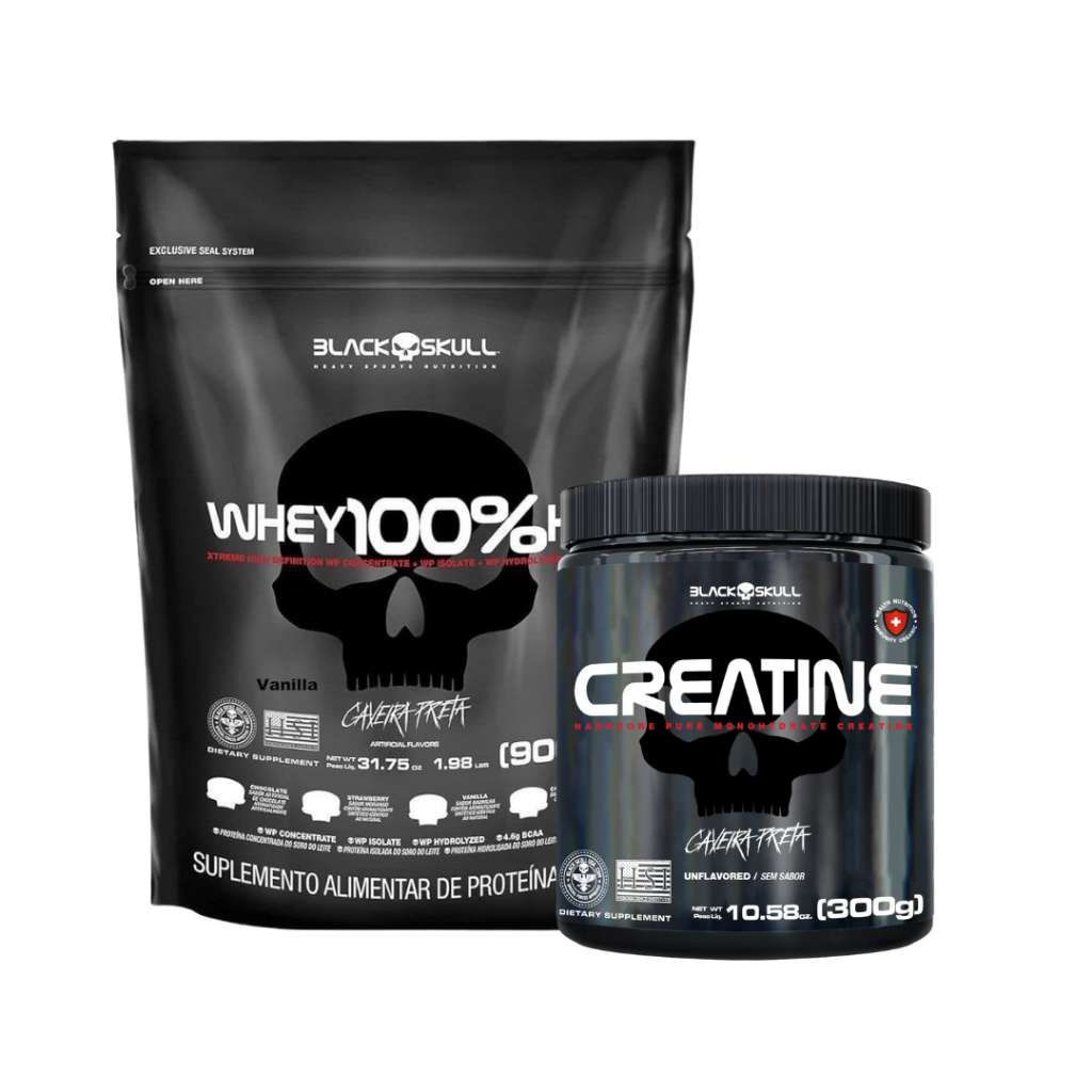 Kit 1x Whey 100% HD refil 900g + 1x Creatine Pura - BlackSkull - ORIGINAL - MORANGO | Shopee Brasil