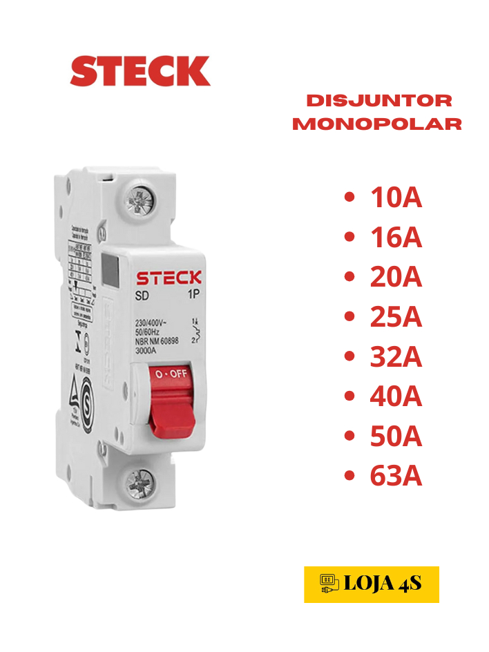 Disjuntor Unipolar Monopolar Steck 10A 16A 20A 25A 32A 40A 50A Amperes | Shopee Brasil