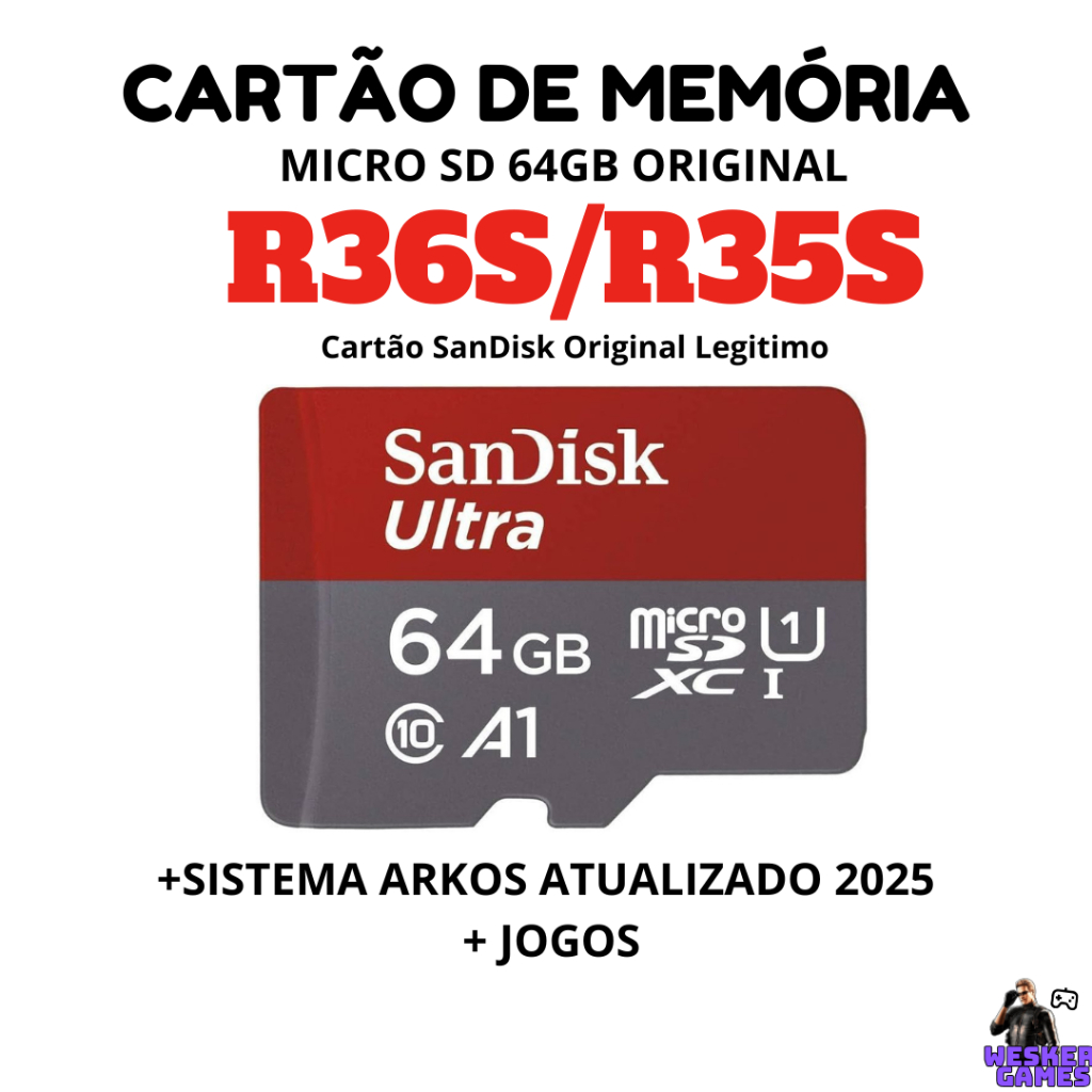 Cartão de Memória Micro SD 64GB Sandisk Original Com Sistema ArkOS Última versão 2025 + Jogos P ...