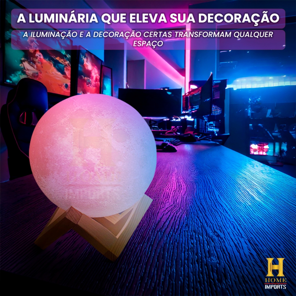 Luminária 3D Lua Cheia RGB Com Base De Madeira Com Toque Sensorial ...