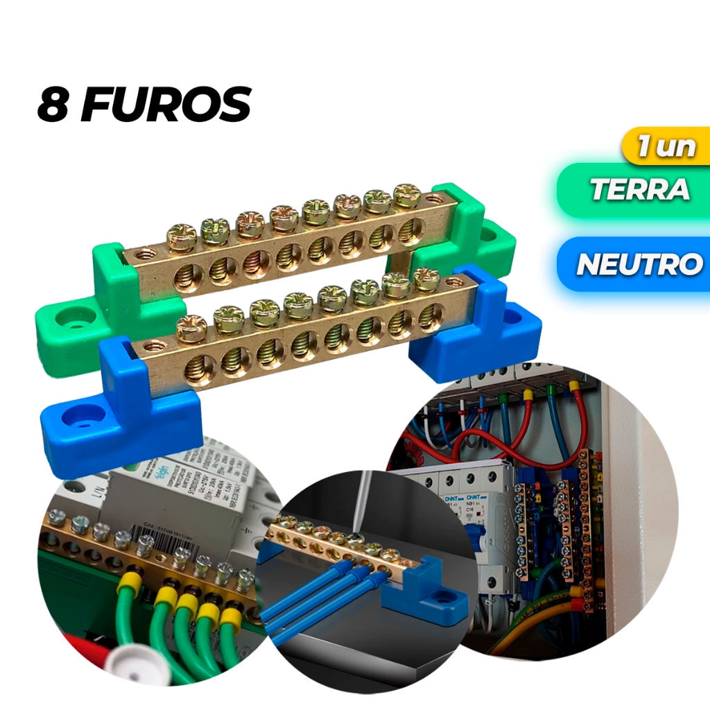 Barramento Neutro Ou Terra 8 Furos Fixação Parafuso Barra Distribuição ...