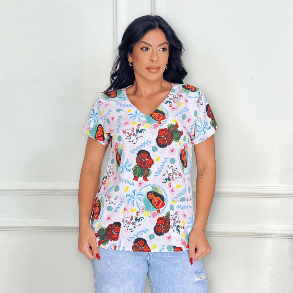 Scrubs Bata Feminina Pijama Blusa Scrub Uniforme Estampado Moana Cirúrgico Hospitalar | Shopee ...