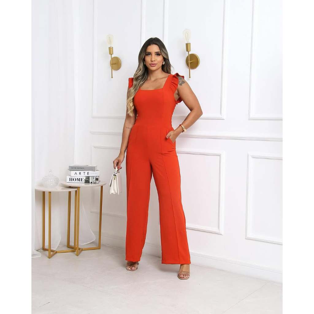 Macacoa pantalona moda feminino tecido duna forrado com bojo com ...