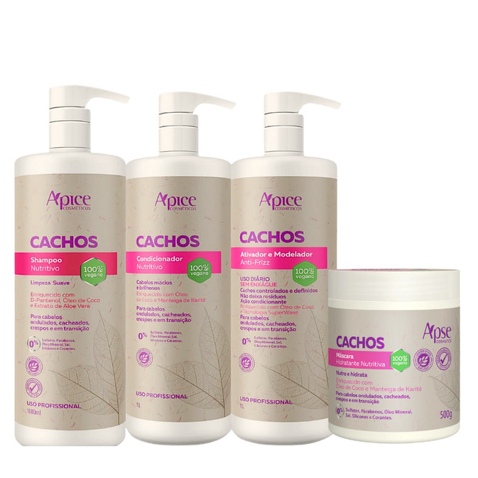 Kit Apse Cachos Shampoo + Condicionador + Ativador + Mascara - 4 Itens Profissional Apice ...