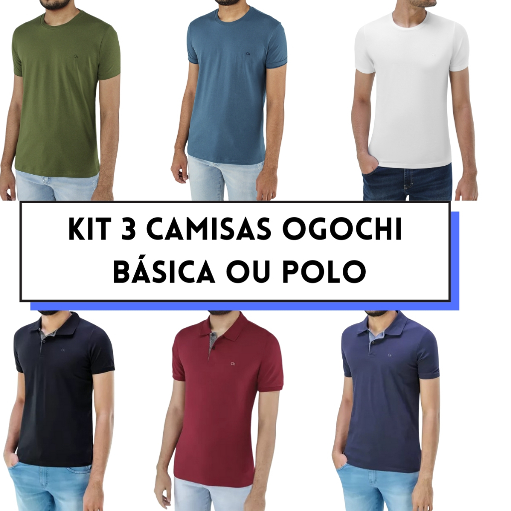 Kit 3 Camisa Polo ou Básica Ogochi Original Masculina 100% Algodão ...