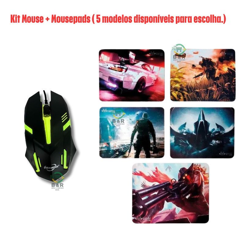 Kit Mouse Gamer e Mousepads, LED RGB com 7 cores em degradê, cabo de ...