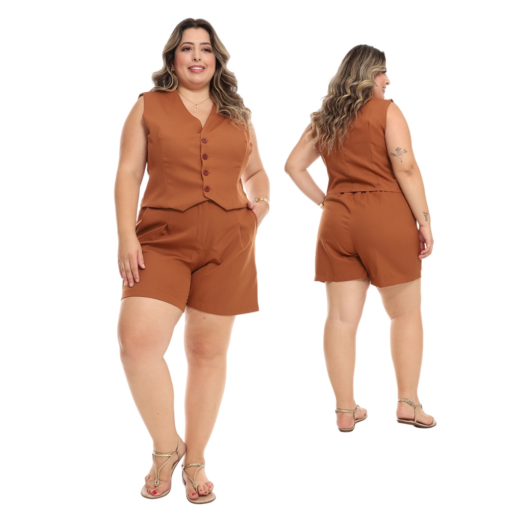 O55# Plus Size Conjunto Feminino Top E Short(Com Elastino Na Atras ) Em ...