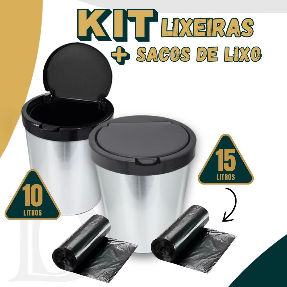 KIT Lixeiras Pia Banheiro Escritório 10L Click Label Inox + Sacos de ...