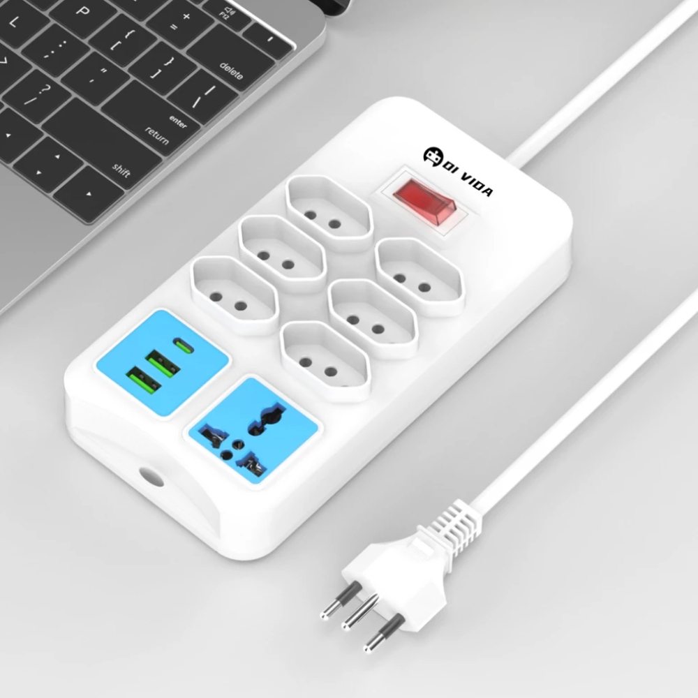 Extensão 7 Tomadas 2 USB Padrão e 1 USB Tipo C Economia de Energia e Design Seguro OI-TO147 ...