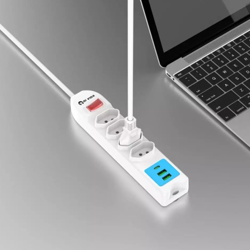 Extensão 3/4/5 Tomadas 2 USB Padrão e 1 USB Tipo C Economia de Energia e Design Seguro OI-TO ...