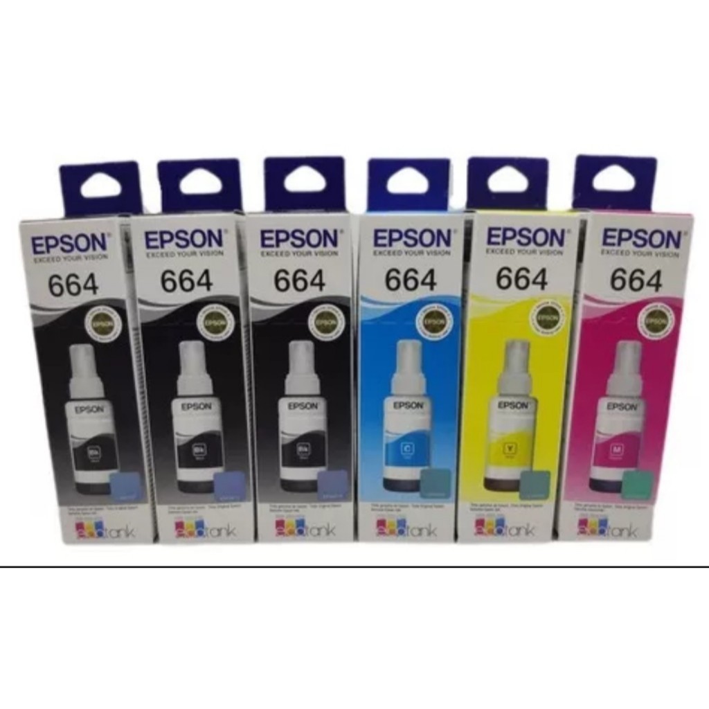 Kit 6 Refil Tinta T664 Epson L395 L380 L375 L220 L455 Original B Y C M | Shopee Brasil