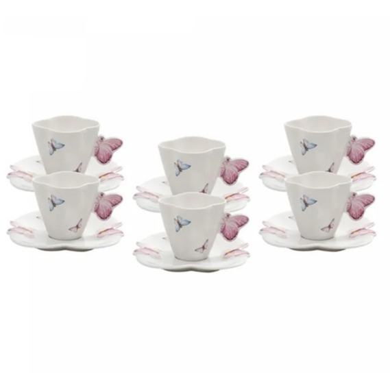 Kit com 2 ou 6 Xícaras de Café de Porcelana com Pires Borboletas Branco 100ml - Wolff | Shopee ...