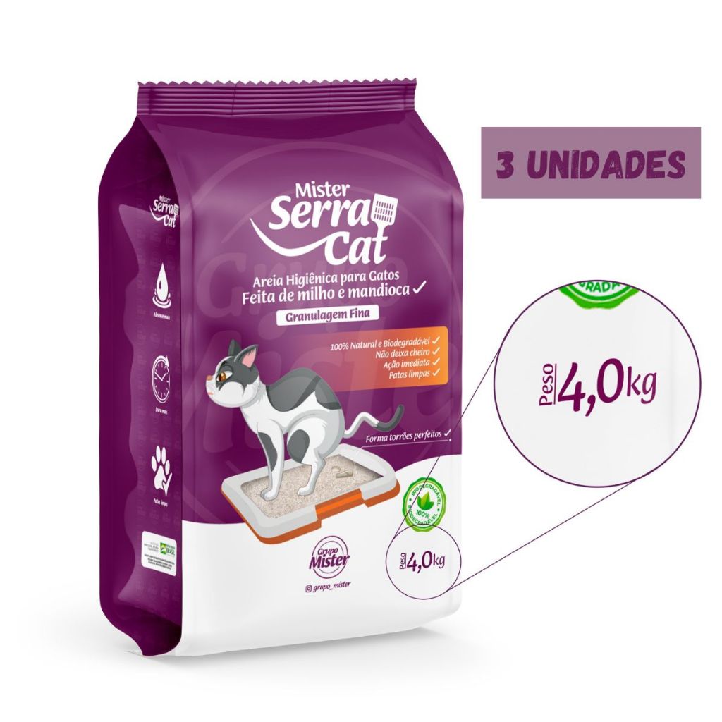 Kit 3 Areia Higiênica para Gatos Feita de Milho e Mandioca Mister Serra ...