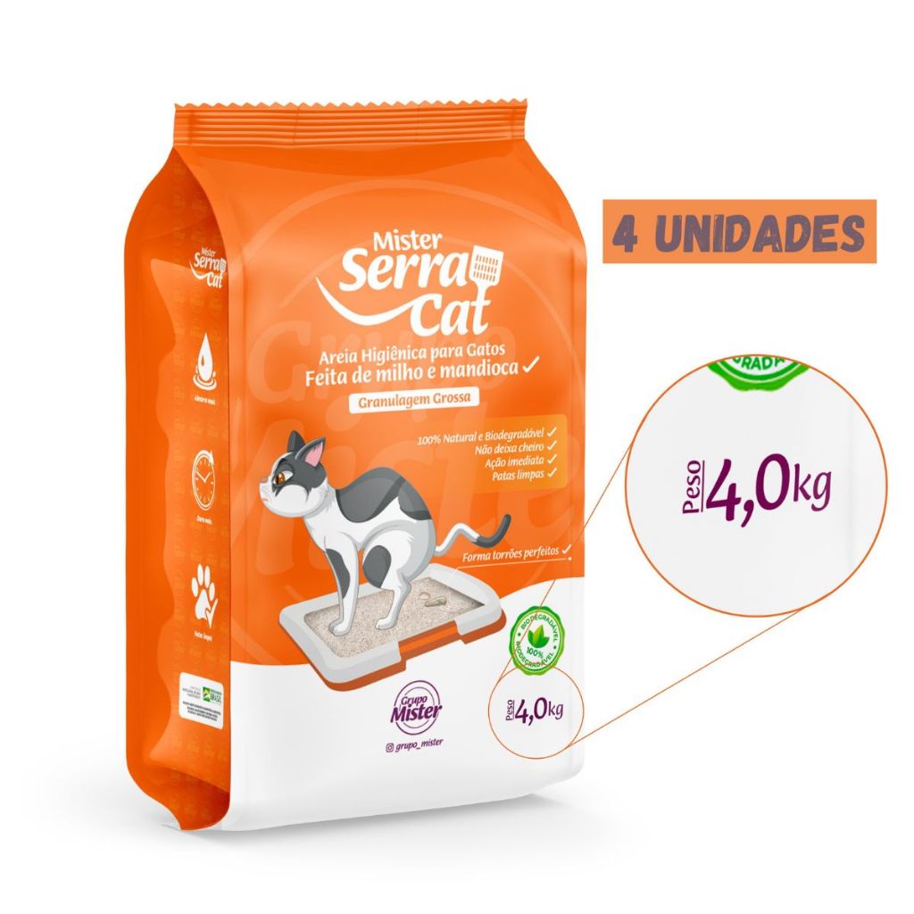 Kit 4 Areia Higiênica para Gatos Feita de Milho e Mandioca Mister Serra Cat Grossa 4Kg | Shopee ...