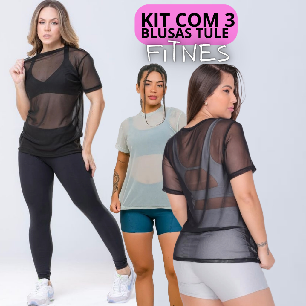 Kit 3 Blusas Feminina De Tule Com Manga Transparente Academia Fitnes ...