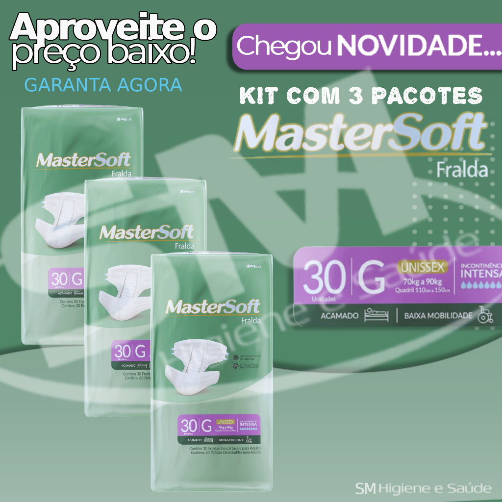 Kit 3pctes Fralda Adulto Mastersoft EG acima de 90kg 26un cada - Total ...