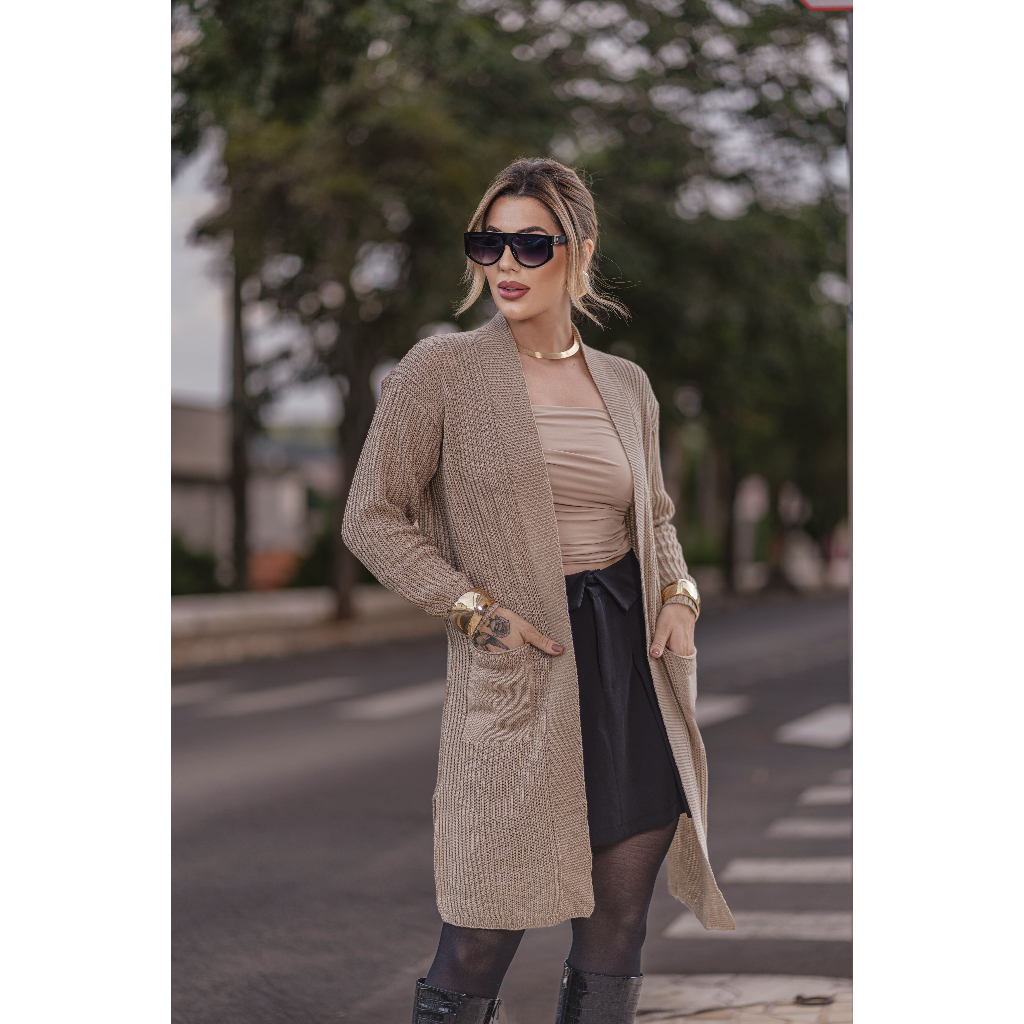 Casaco Cardigan Clássico Feminino de Tricot Longo c/ Bolso Fendas ...