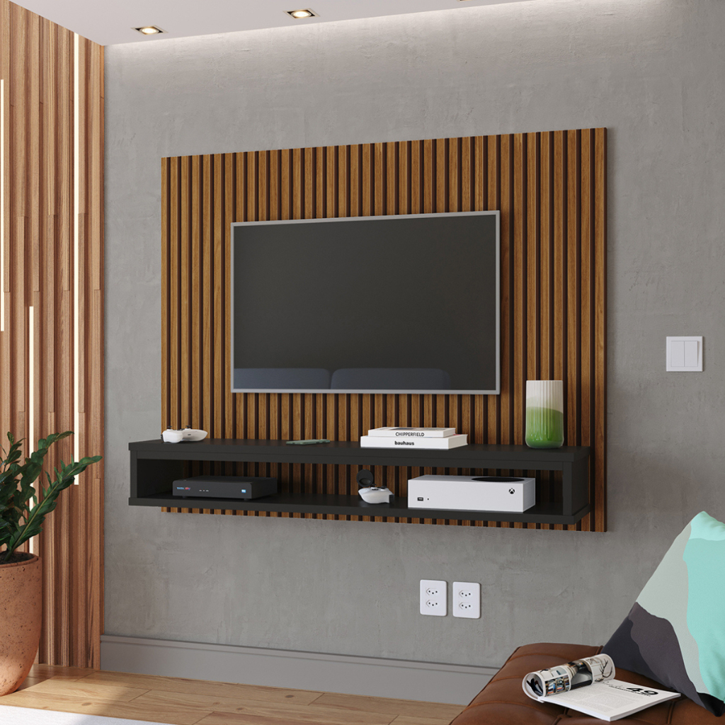 Painel Para TV Até 50 Polegadas Prateleiras Nicho Sala Quarto Ripado ...