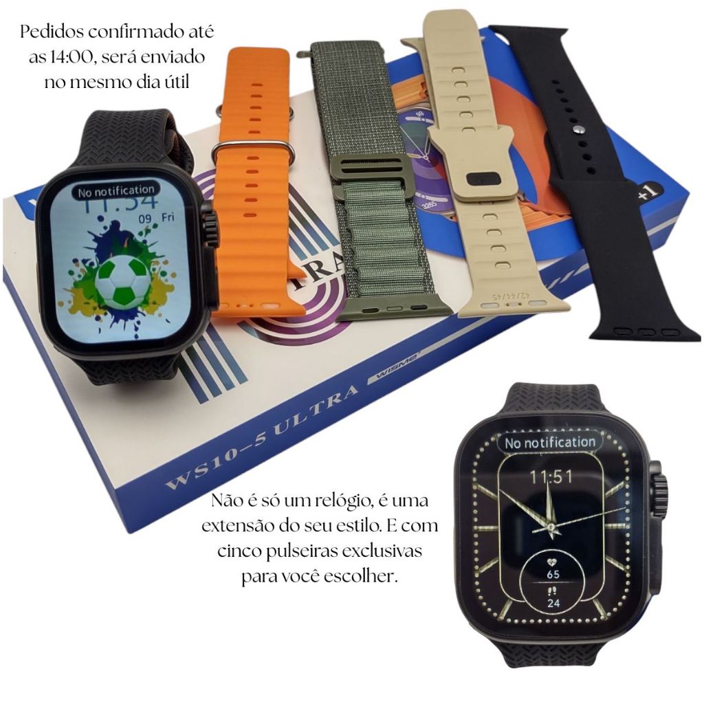 Smartwatch inteligente WS10-5 ULTRA mais kit 5 pulseiras com uma tela ...