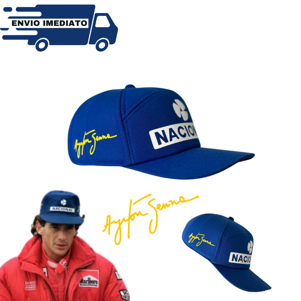 Boné nacional azul Ayrton Senna Original retro aba curva com assinatura ...