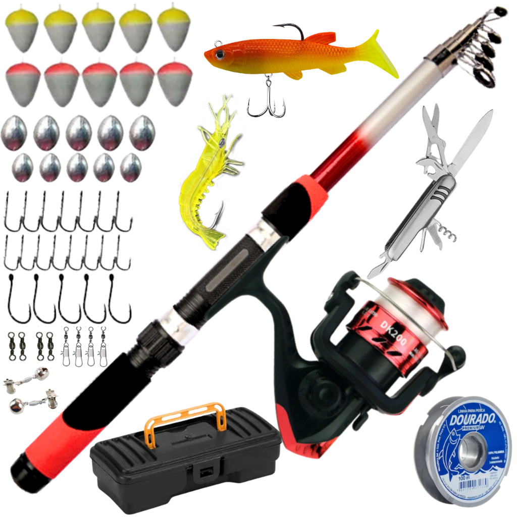 Molinete com Vara Telescópica 1,80 Carretilha Kit completo maleta de pesca anzol Isca Artificial ...