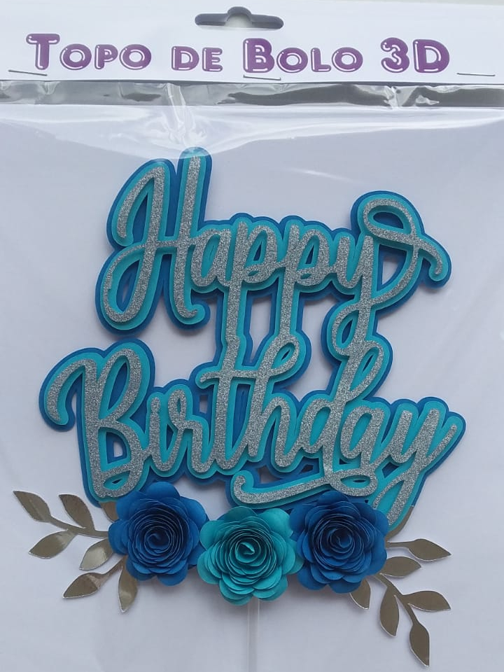 Topo de Bolo Happy Birthday c/ flores - Azul com Glitter Prata | Shopee ...