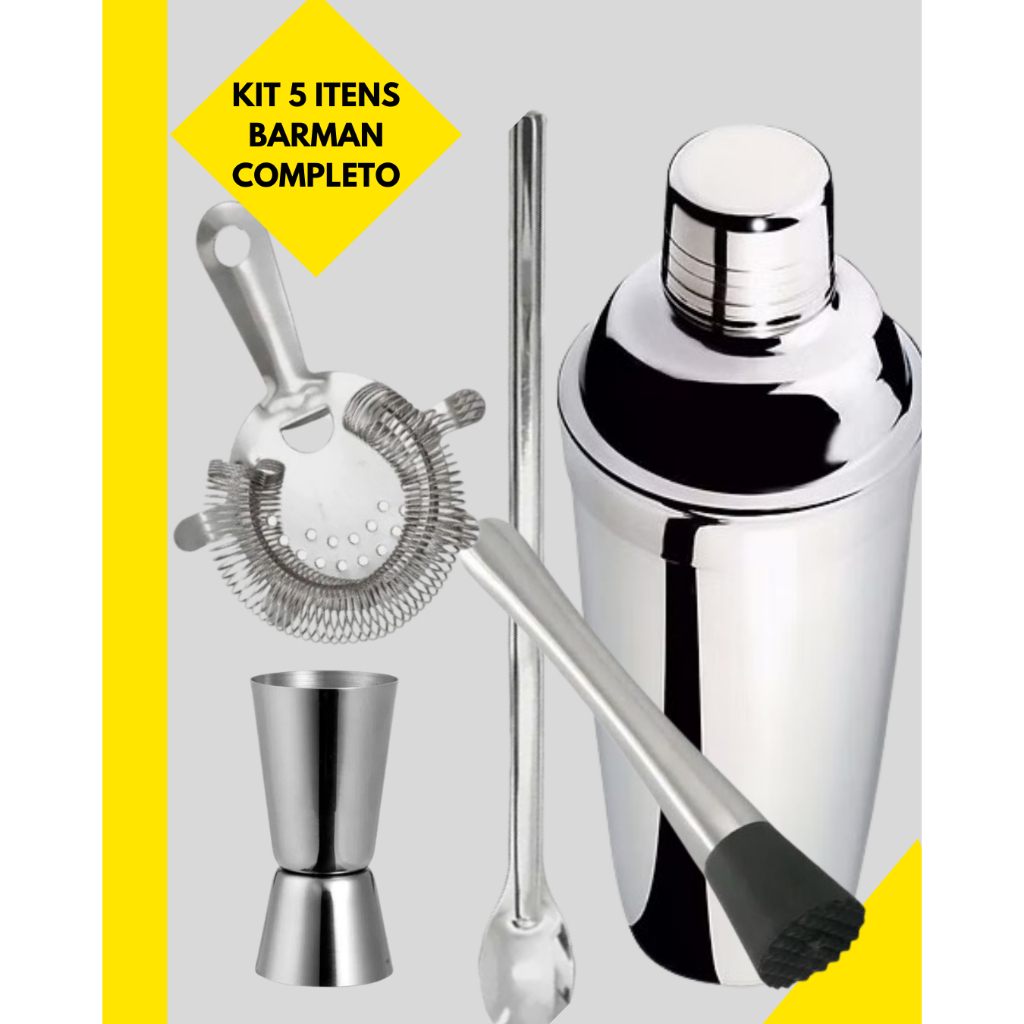 Kit Barman Completo Inox Profissional 5 Peças - Coqueteleira, Socador ...