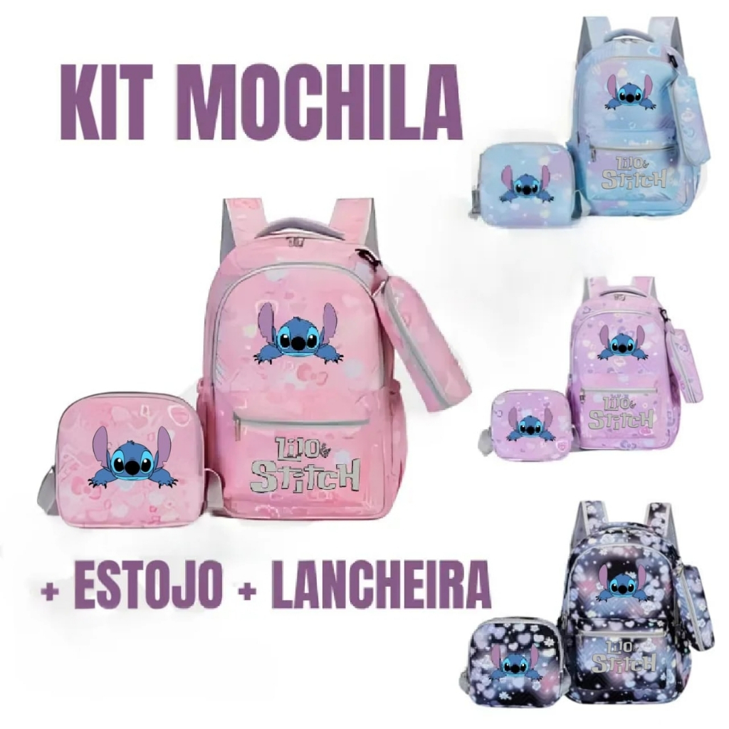 Kit Mocila Stitch Escolar 3 Peças Lancheira+Estojo+Mochila Grande ...