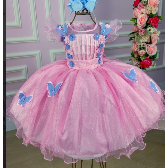 Vestido infantil Jardim Encantado Rosa Borboletas Azul florista ...