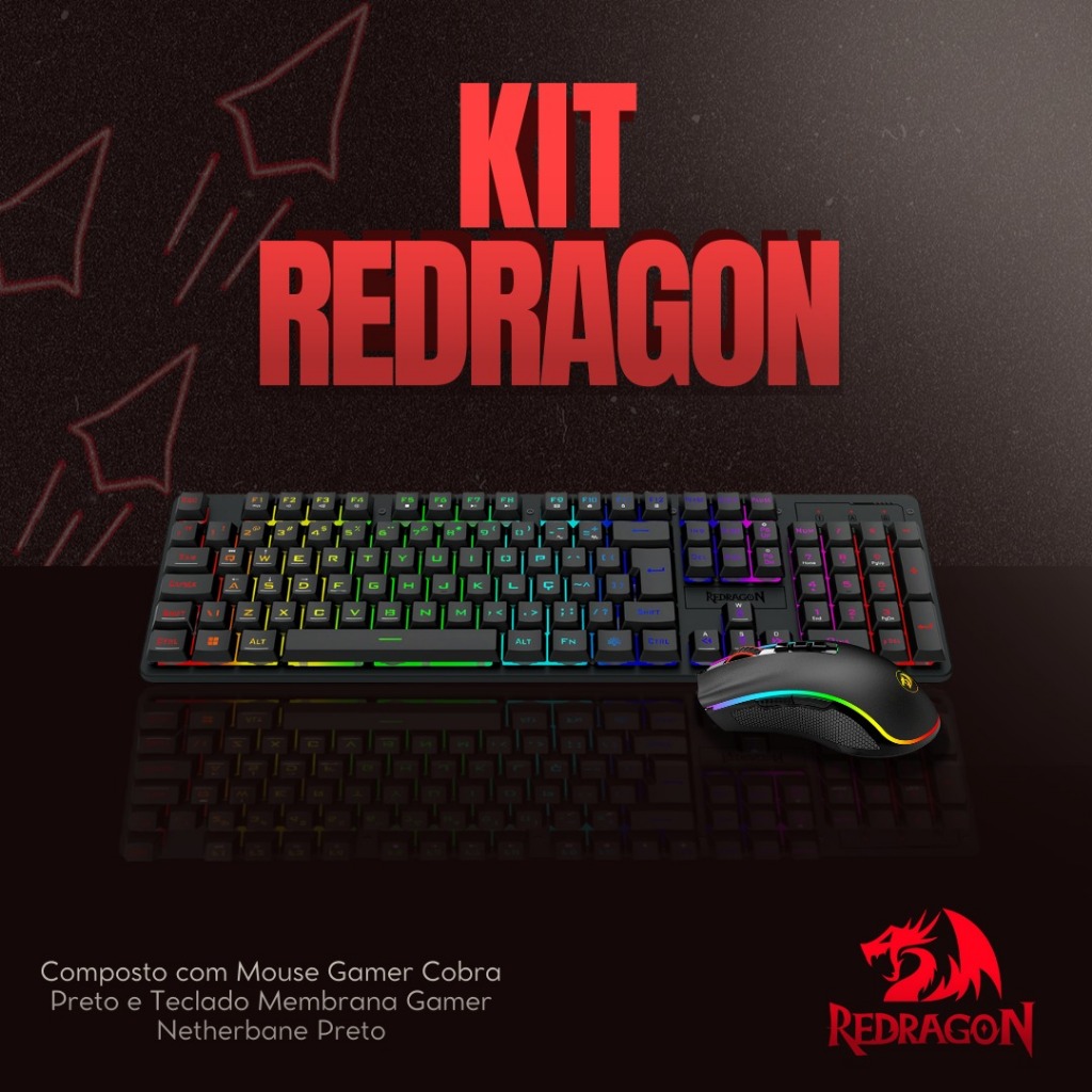 KIT REDRAGON TECLADO MEMBRANA NETHERBANE PRETO RAINBOW E MOUSE COBRA ...