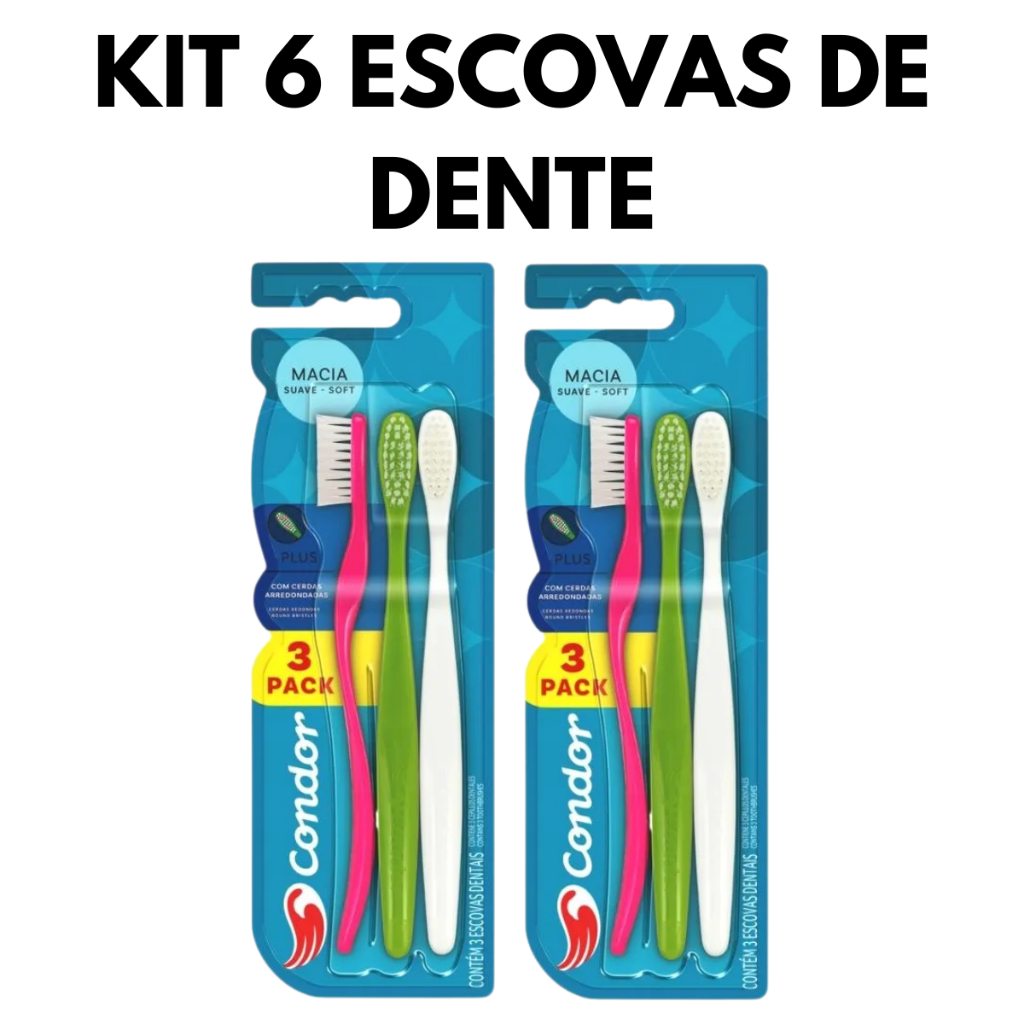 Kit 6 Escovas Dental Condor Plus Macia Suave Higiene Bucal Pack com 3un ...