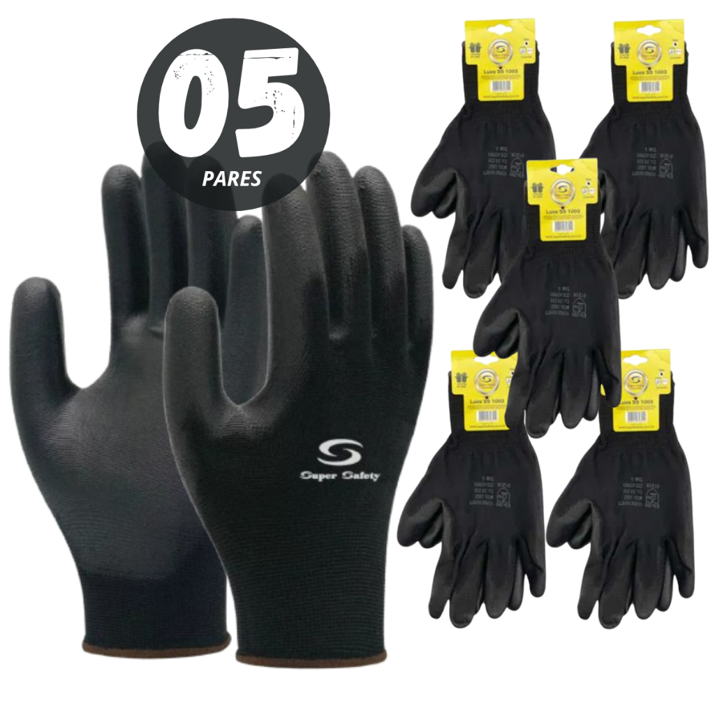 05 Pares De Luva SS1003 Pu Multitato Preta Mecanico Multiuso Poliamida ...
