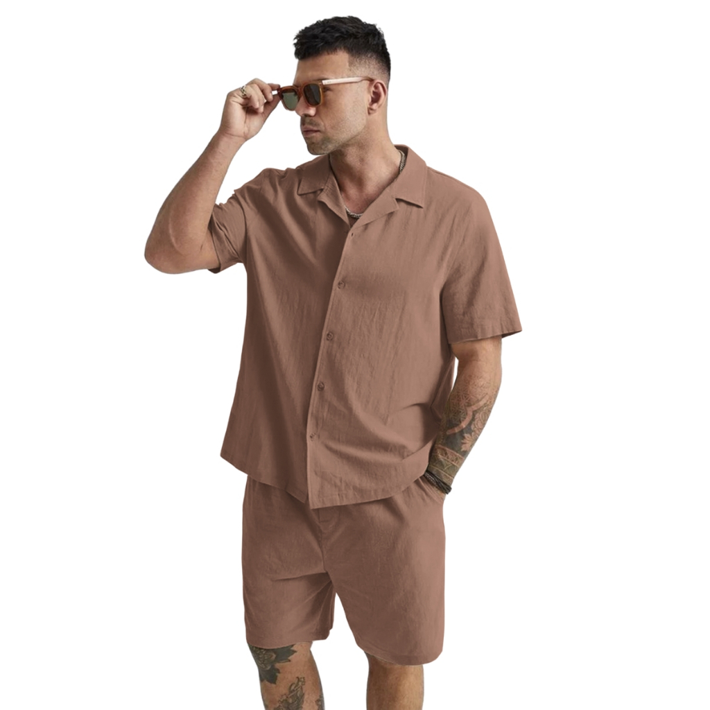 Conjunto Masculino de Camiseta Linho e Short Linho Premium Moda Praia ...