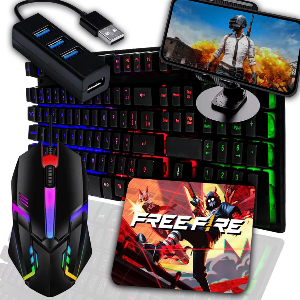 Kit Mobilador Gamer Barato RGB 6 Itens Para Celular Mouse Teclado Mecanico Mouse Pad Tripé HUb ...