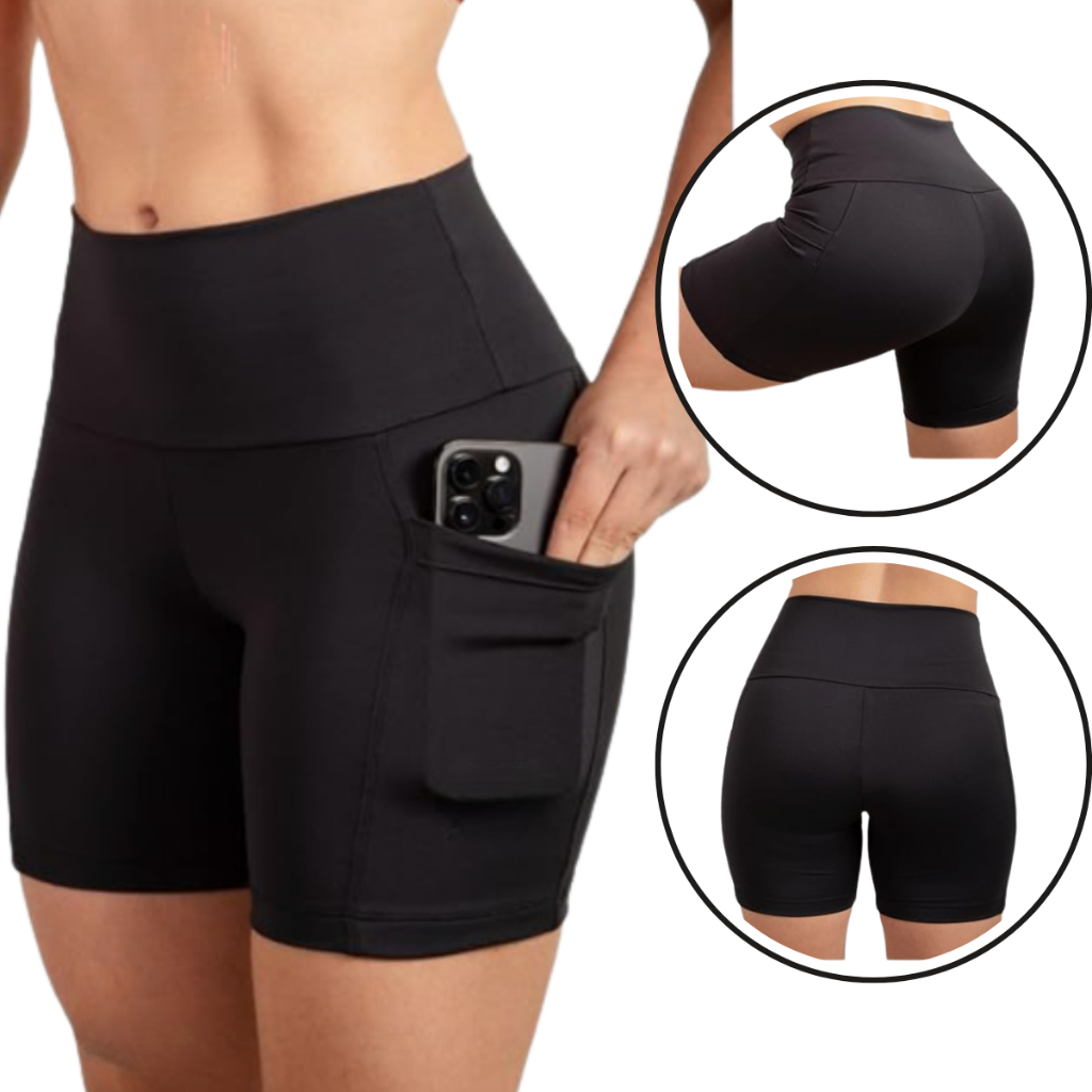 Shorts Academia Com Bolso Duplo Feminino Bermuda Corrida Cós Alto ...