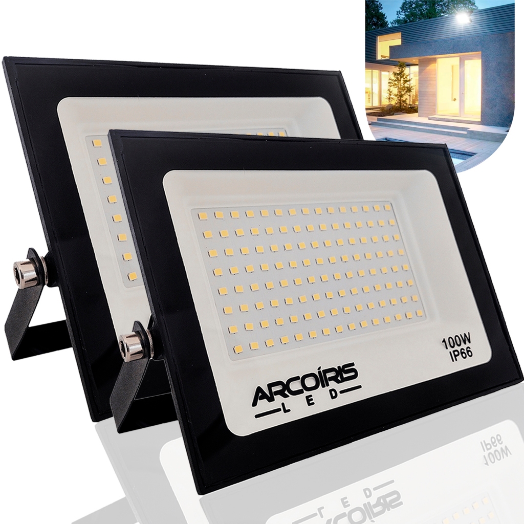 Kits 2x Refletor LED 100W Bivolt IP66 Holofote Prova D'Água Branco Frio 6500K Luminária ...