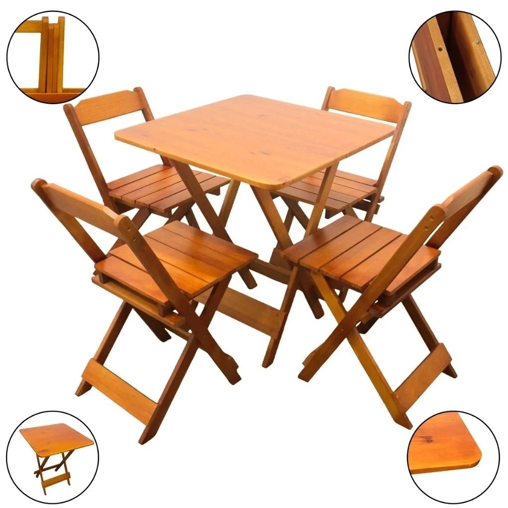 KIT JOGO DE MESA MADEIRA DOBRÁVEL 70X70 COM 4 CADEIRAS - BAR RESTAURANTE ÁREA | Shopee Brasil