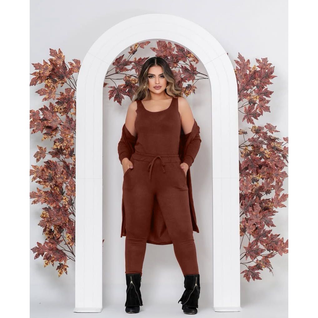 Conjunto trio lãzinha calça regata e cardigan Leticia moda Feminina ...