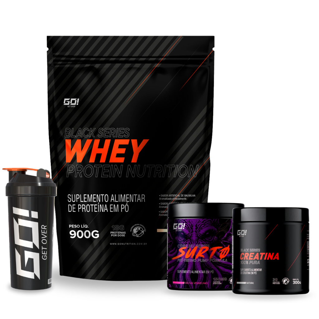 Kit Whey Protein 900g, Surto 400g Frutas Vermelhas, Creatina 100% Pura 300g e Coqueteleira - GO ...