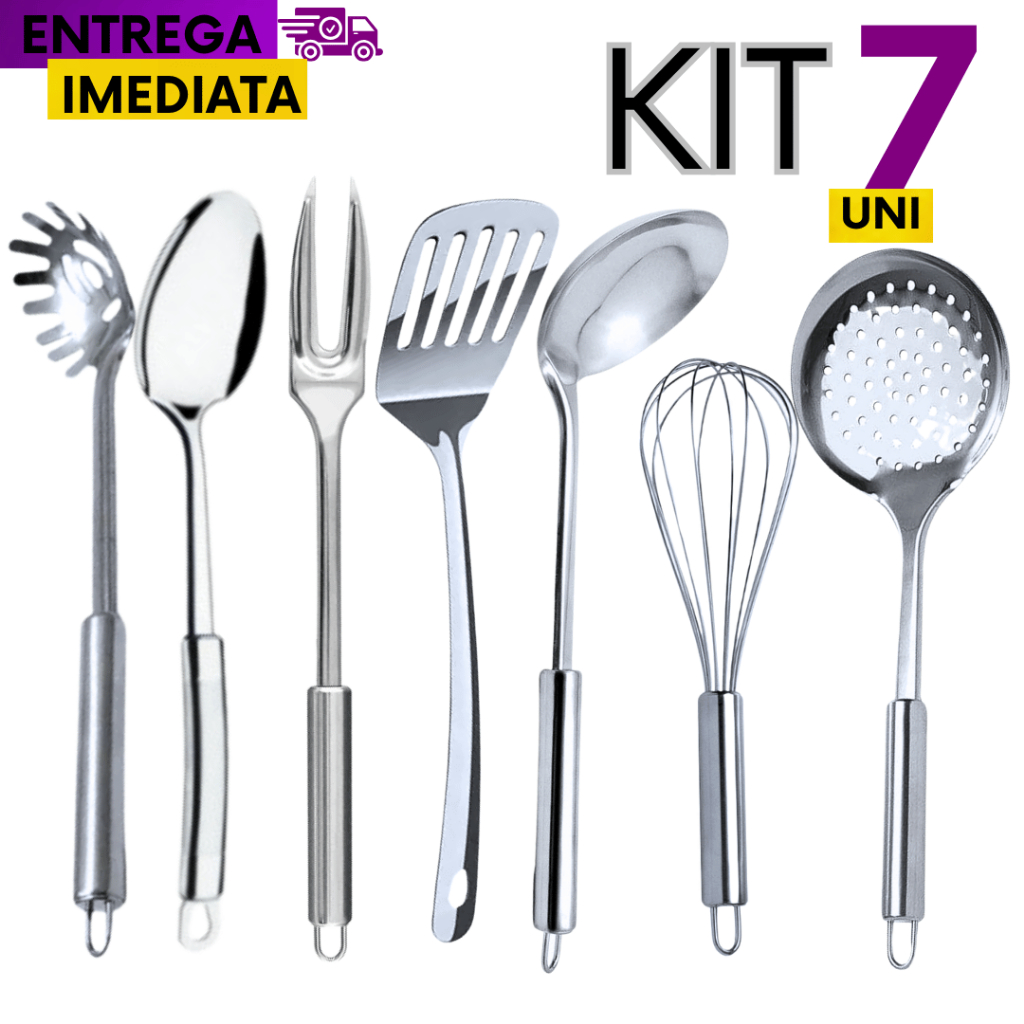 Jogo 7 Utensílios de Cozinha em Aço Inox Escumadeira Concha Colher ...