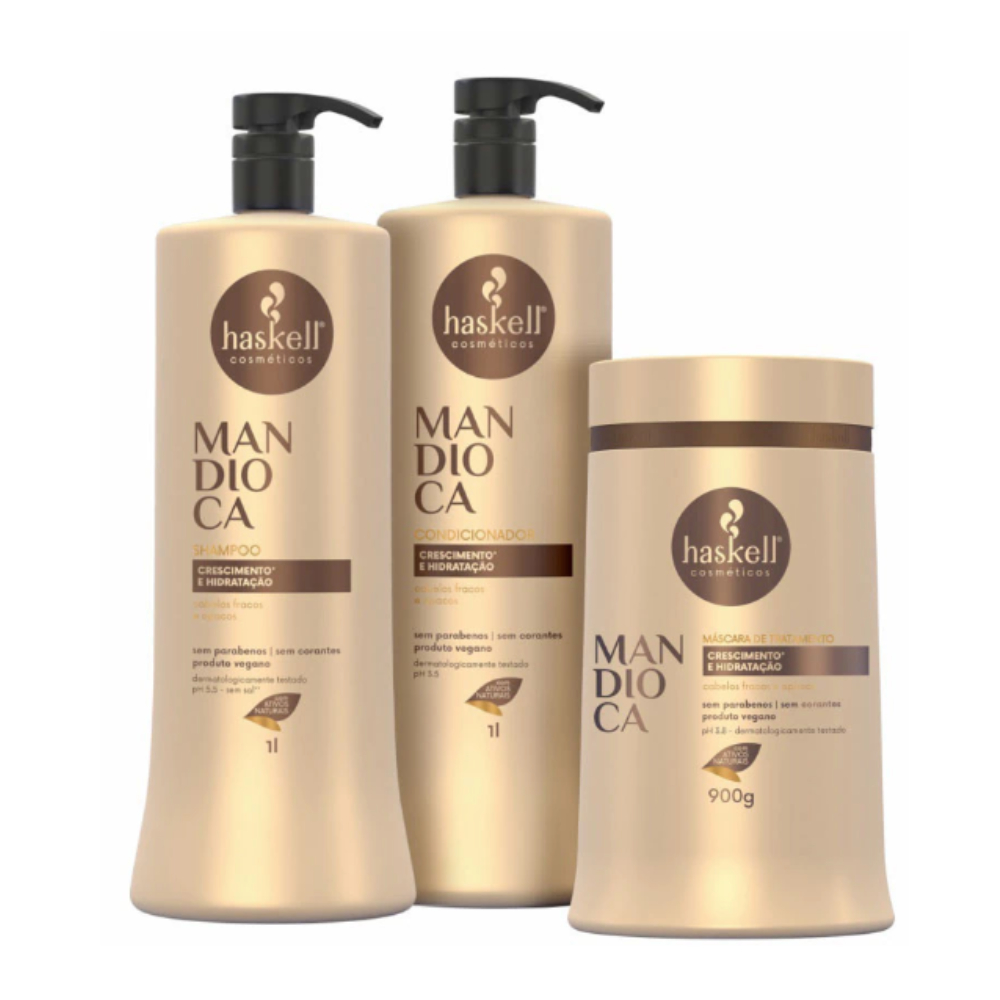 Kit Shampoo 1l, Condicionador 1l e Máscara Mandioca 900g - Haskell | Shopee Brasil